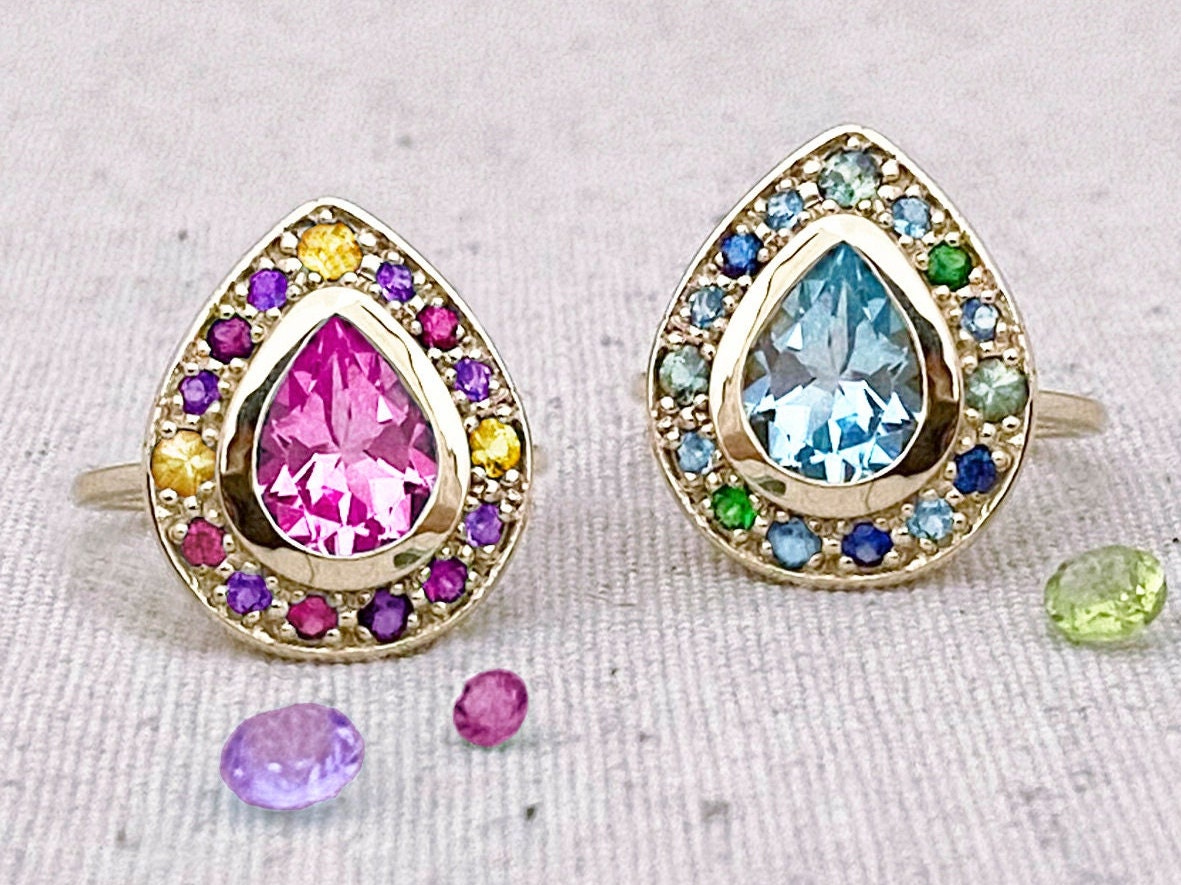 Engagement Solid Gold Ring With Pear Shape Topaz, 9k/18k Gold Victorian ...