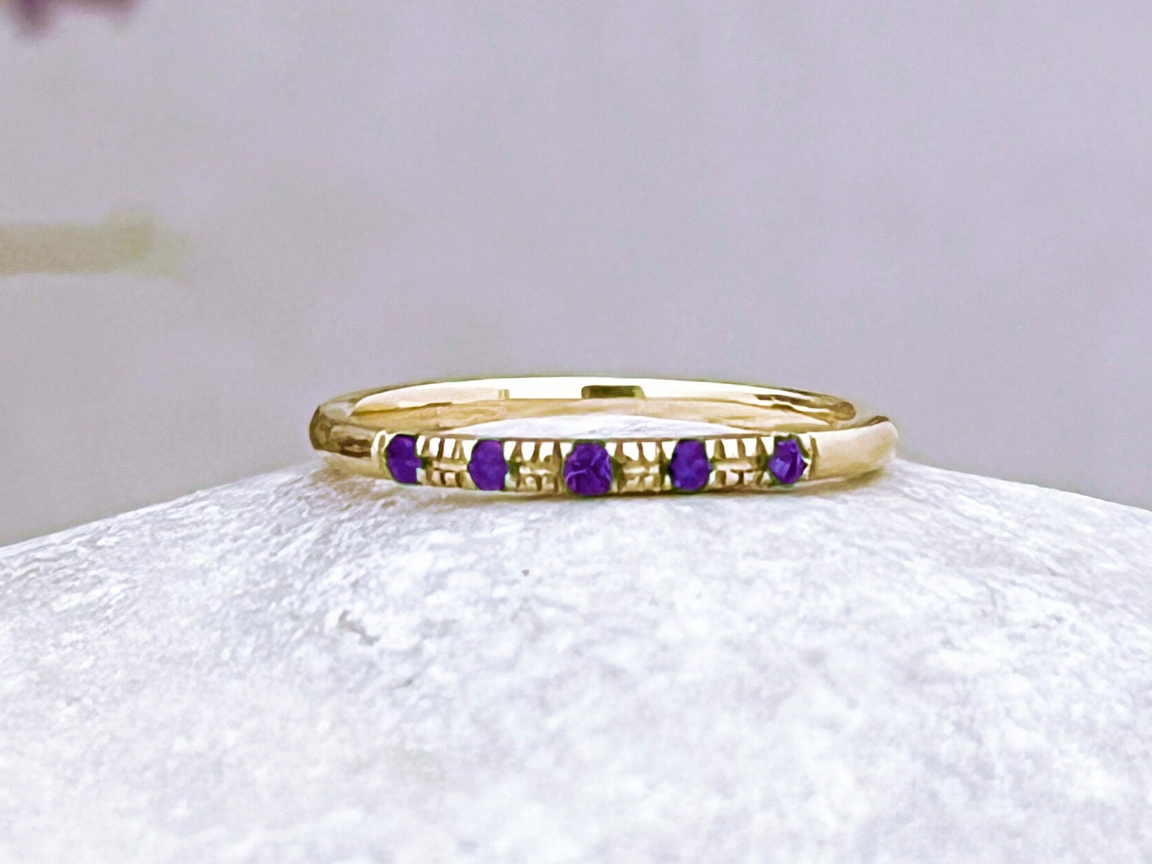 Solid Gold Wedding Band With Amethyst, Purple Gemstones Minimalist ...